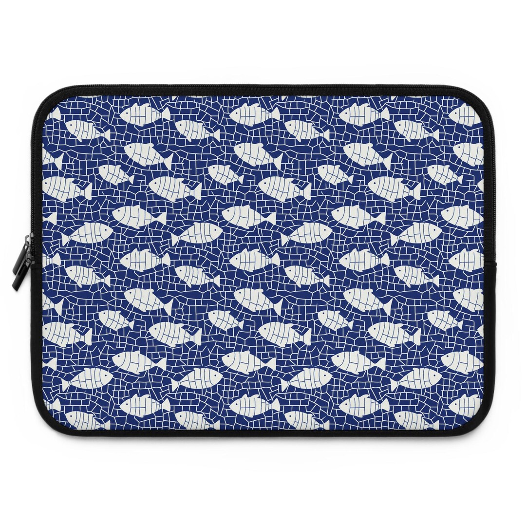 Nautical Fish Laptop Sleeve: Blue White Coastal Design, Padded ...