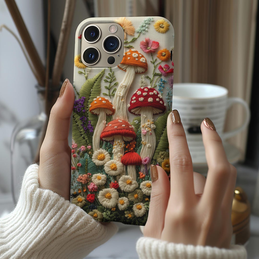 3D Look Mushroom Cottagecore Phone Case: Embroidered-effect Whimsical ...