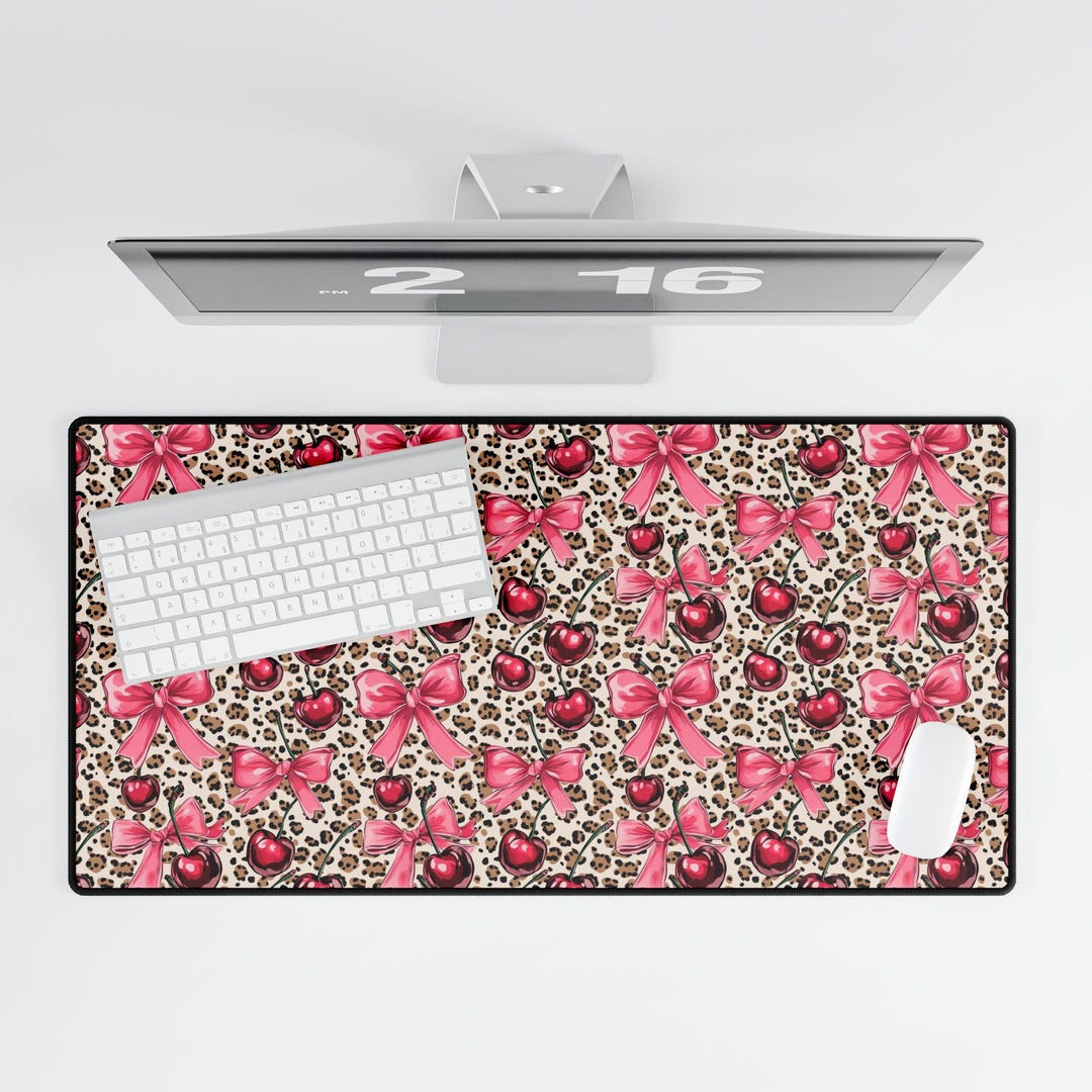 Cherry Bow Coquette Desk Pad - Cute Desk Mat With Leopard Print ...
