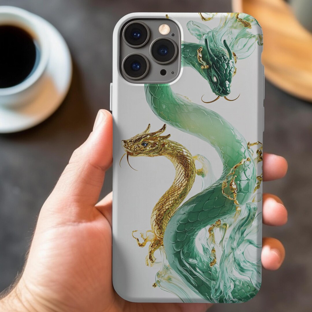 Green and Gold Jade Snake Phone Case, Intricate Chinese New Year Design ...