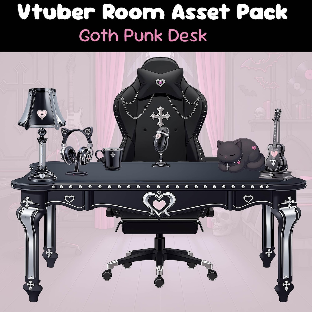 Goth Punk Vtuber Room Asset Pack: Black Silver Desk, Chair, Props ...