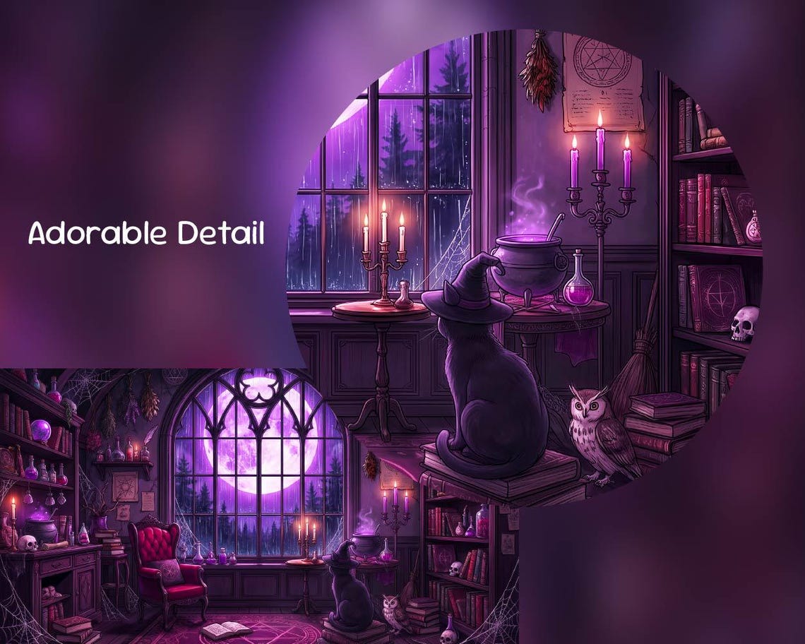 Anime Animated Background: Gothic Witch Room, Purple Moonlit Coven ...