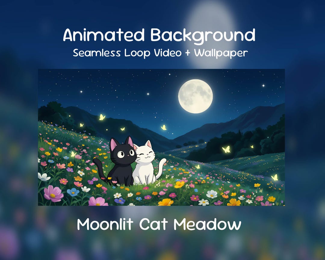 Anime Animated Background| Moonlit Cat Meadow, Celestial Kittens Valley ...
