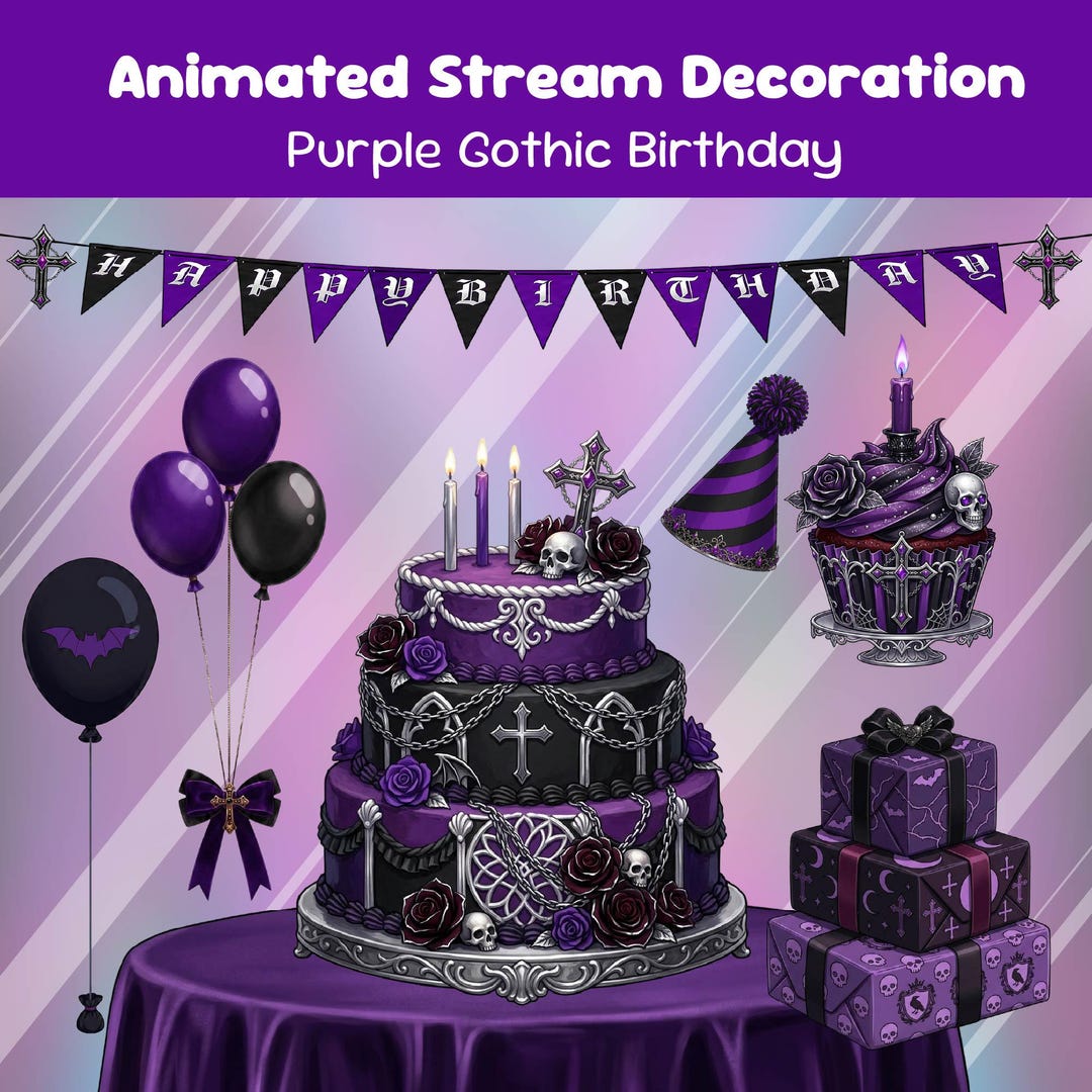 Purple Gothic Birthday Stream Decorations Pack | Flag Banner Triangle ...
