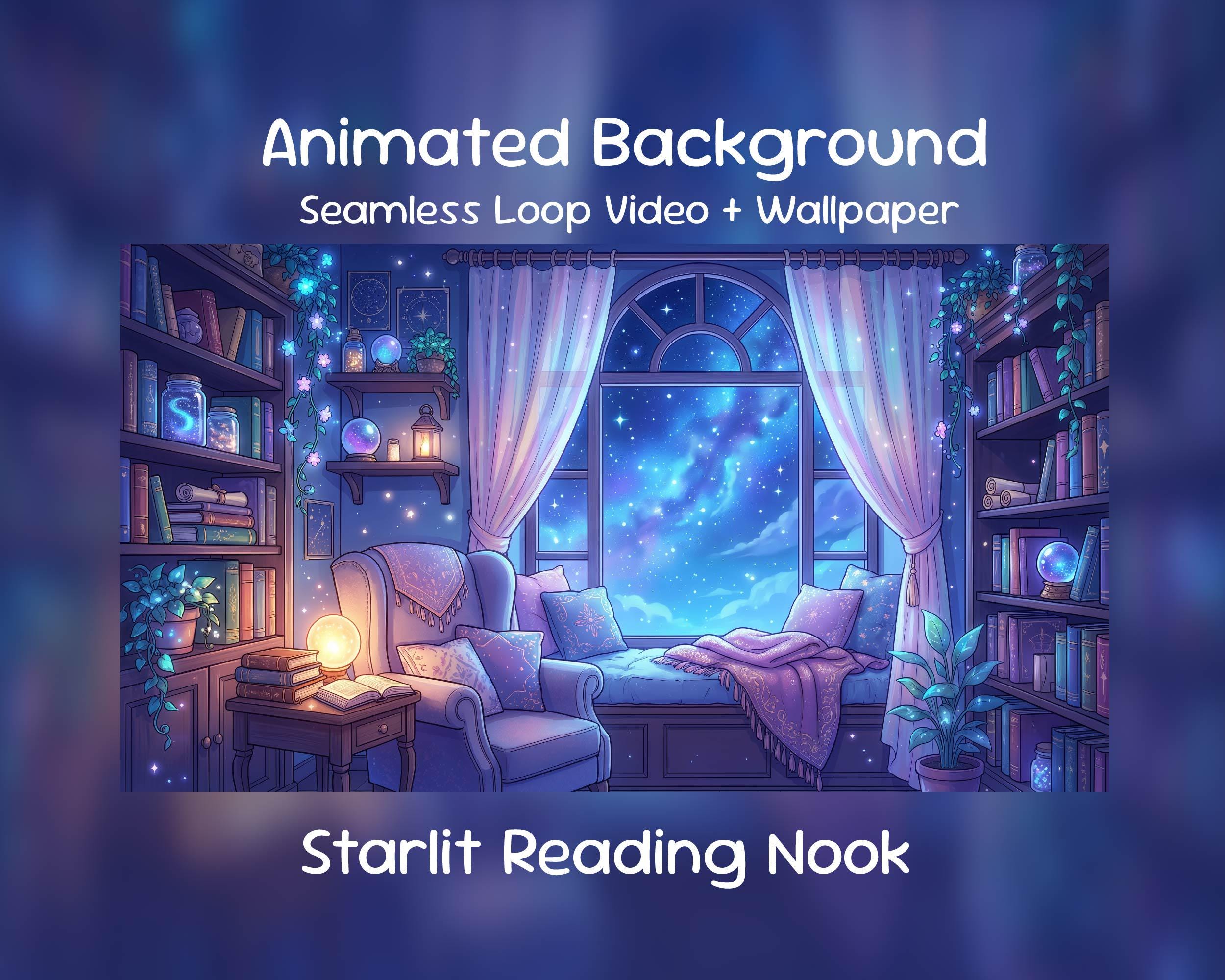 Anime Animated Background| Starlit Reading Nook, Midnight Library ...