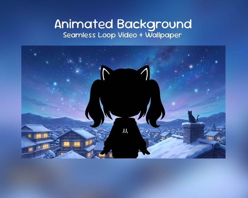 Anime Animated Background: Night Sky, Starry Winter, Cat, Twitch ...