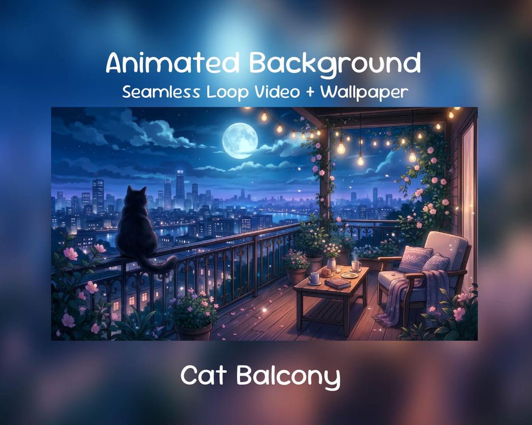 Midnight Cat Balcony Anime Animated Background: Night City View ...