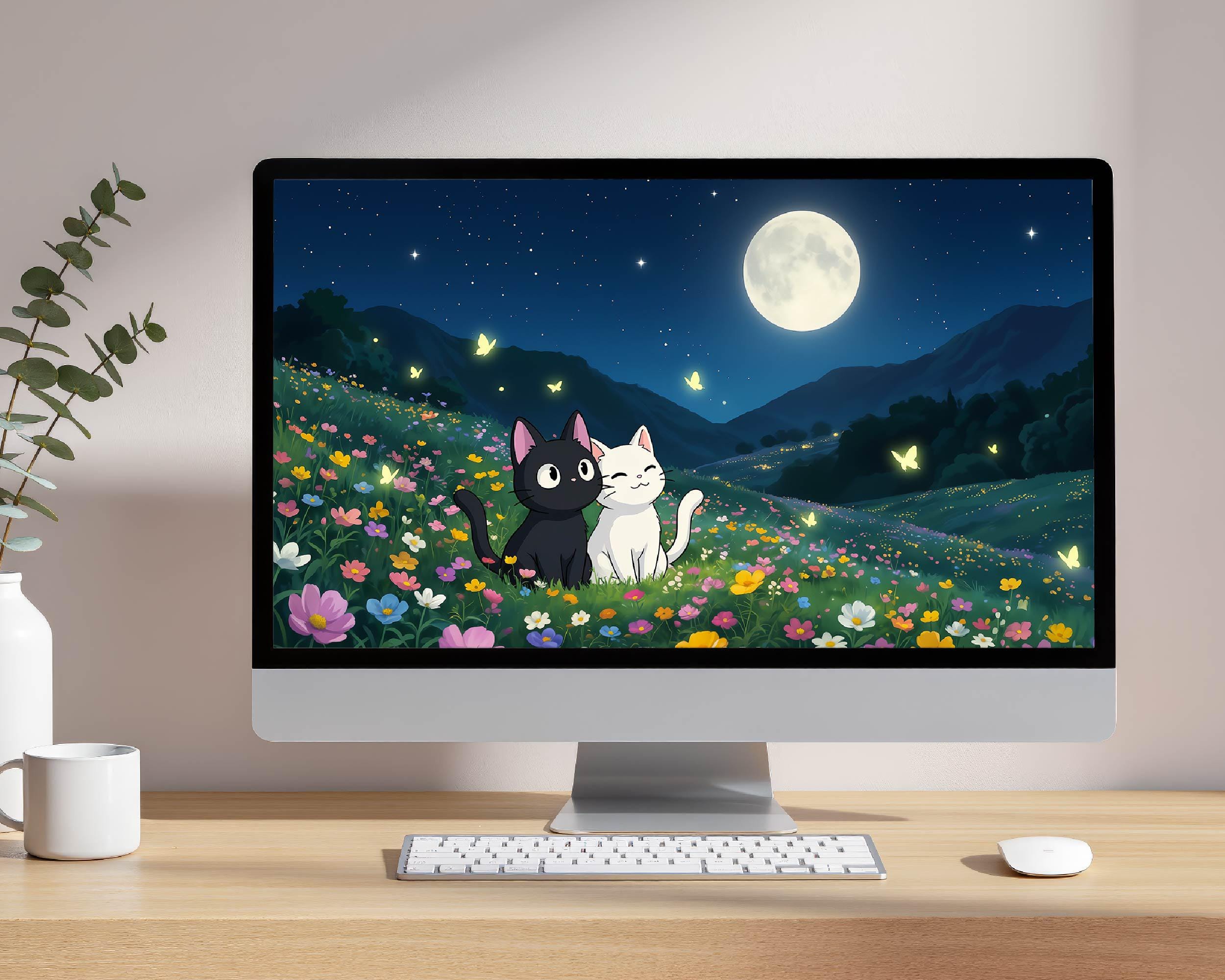 Anime Animated Background| Moonlit Cat Meadow, Celestial Kittens Valley ...