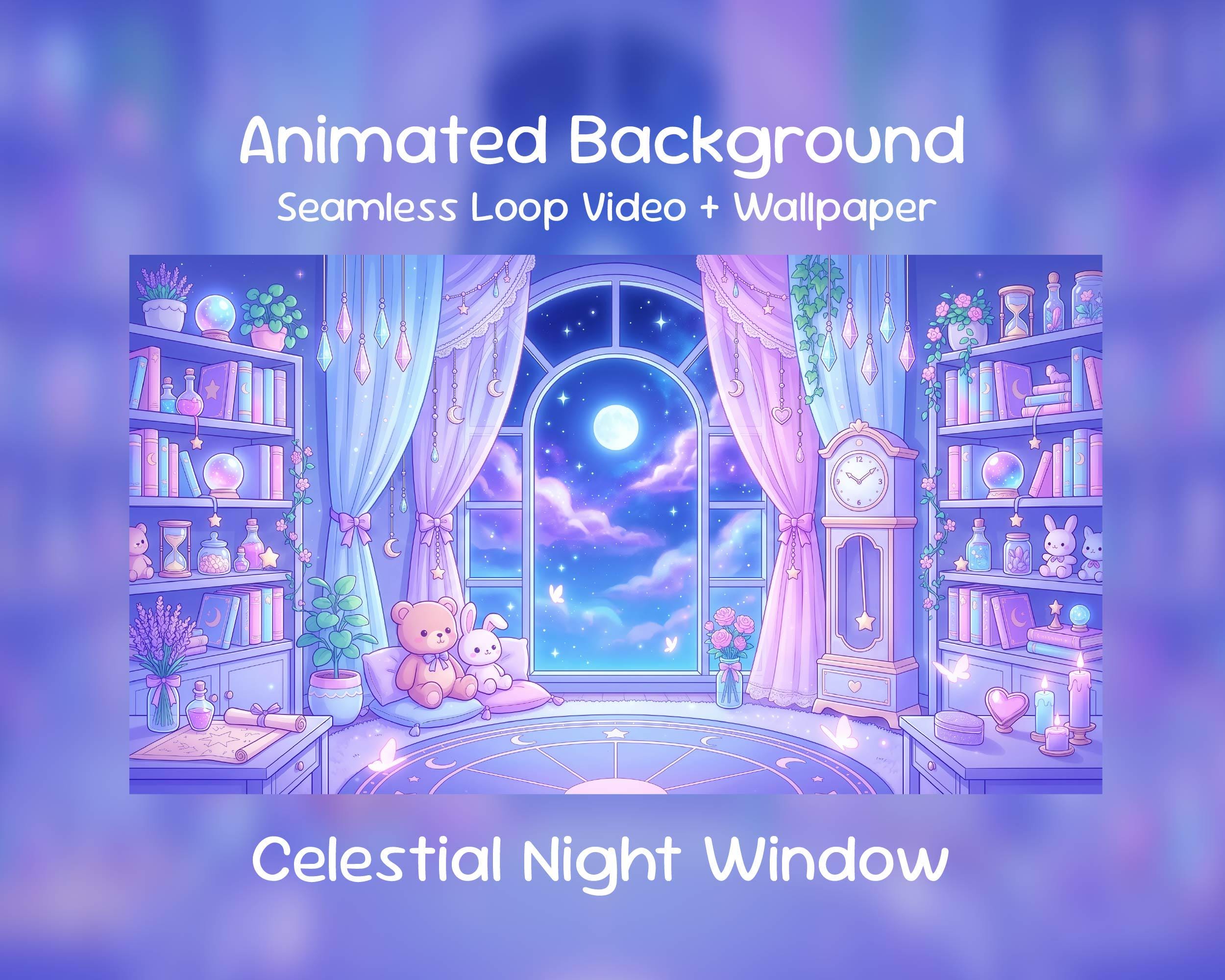 Anime Animated Background| Celestial Night Window, Pastel Moonlit Room ...