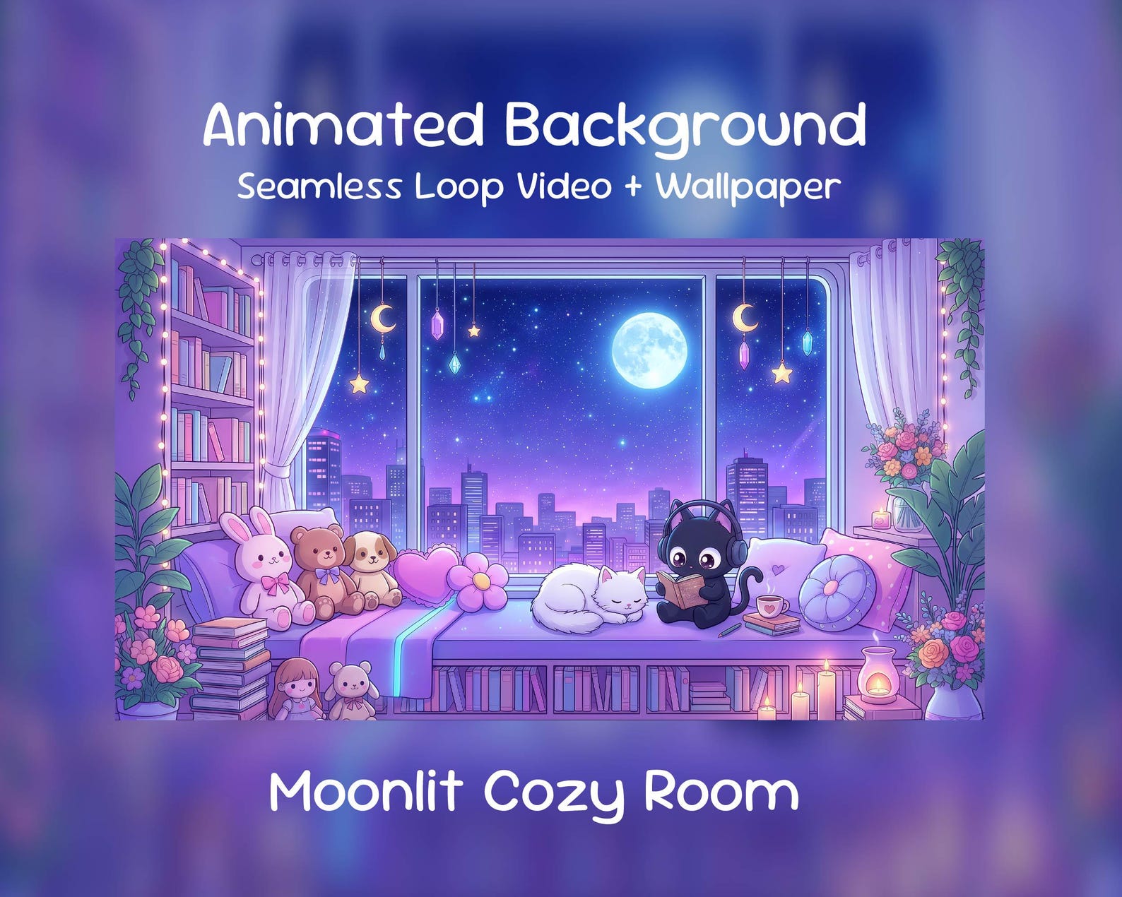 Anime Animated Background| Moonlit Cozy Room, Kawaii Cat, Moonlight ...