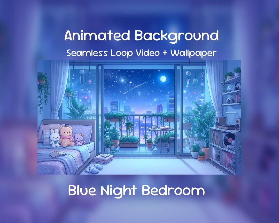 Animated Blue Night Bedroom Background | Cozy Cityscape, Moonlit View ...