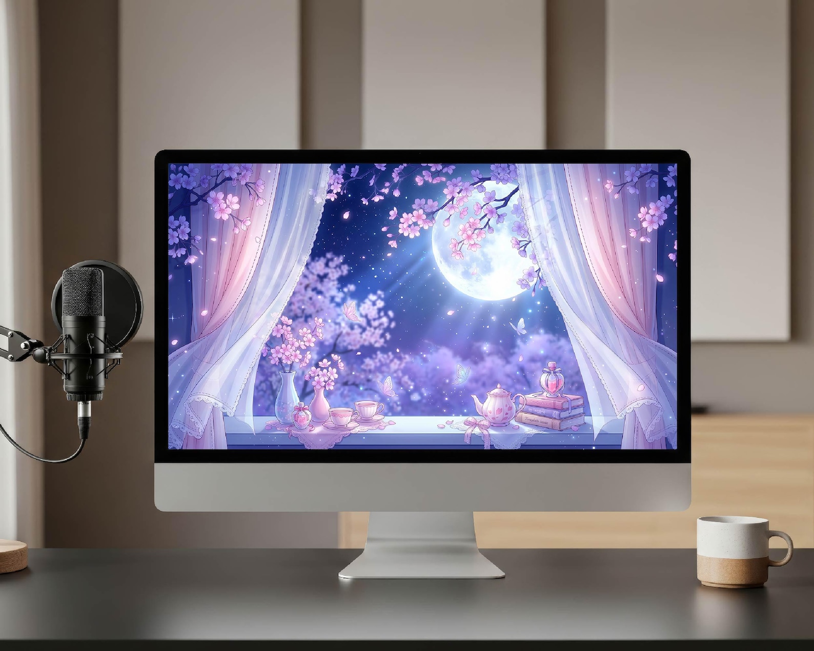 Anime Animated Background: Moonlit Sakura Window, Purple Night Glow ...