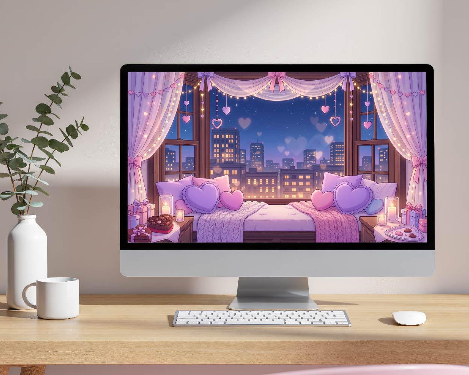 Anime Animated Background: Purple Valentine's Night, Love Night Window ...