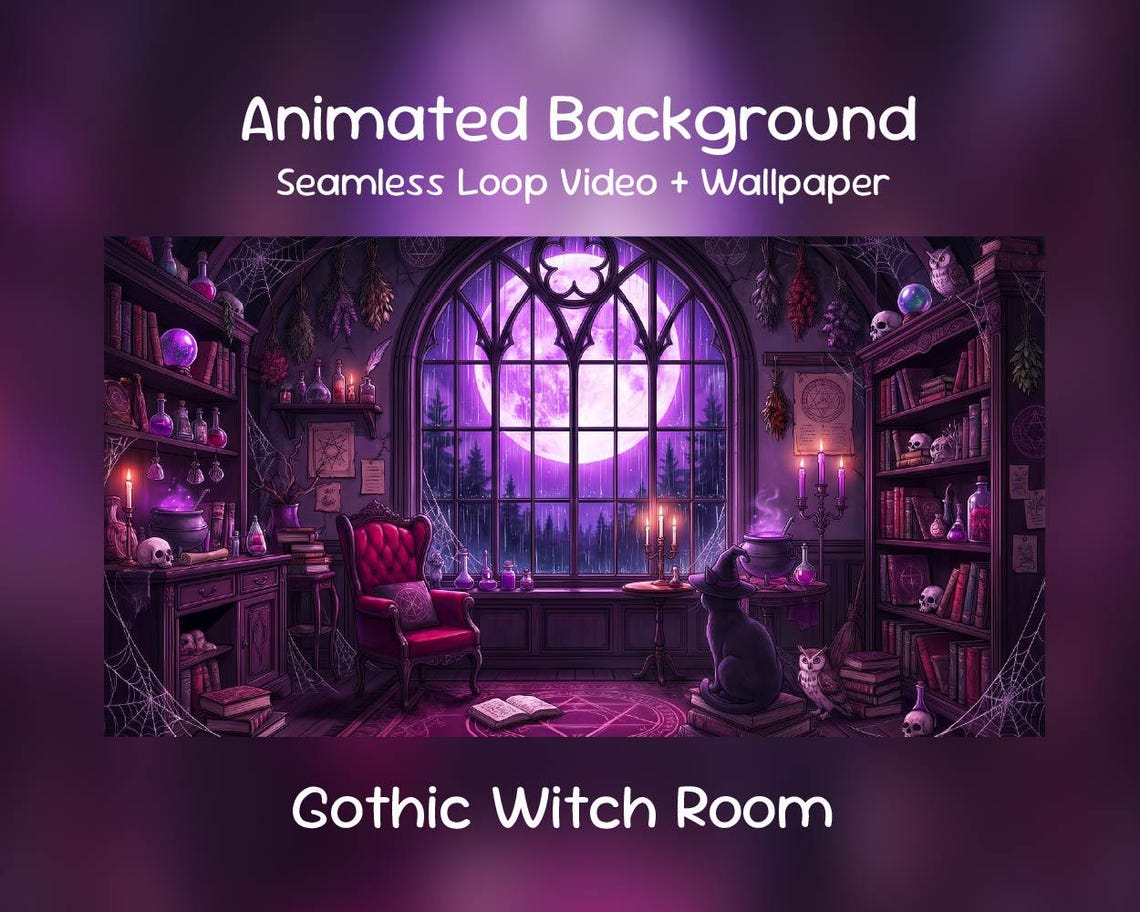 Anime Animated Background: Gothic Witch Room, Purple Moonlit Coven ...