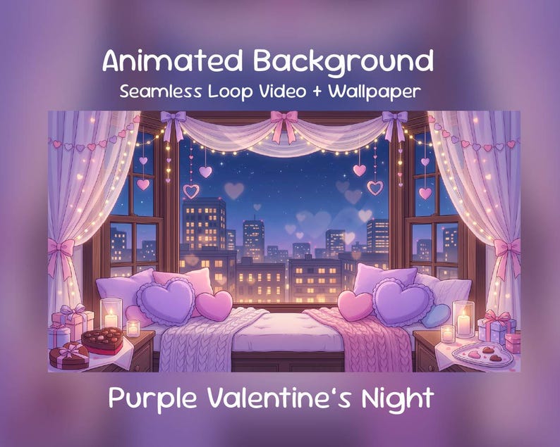 Fondo animado de anime: Noche de San Valentín morada, ventana de la ...