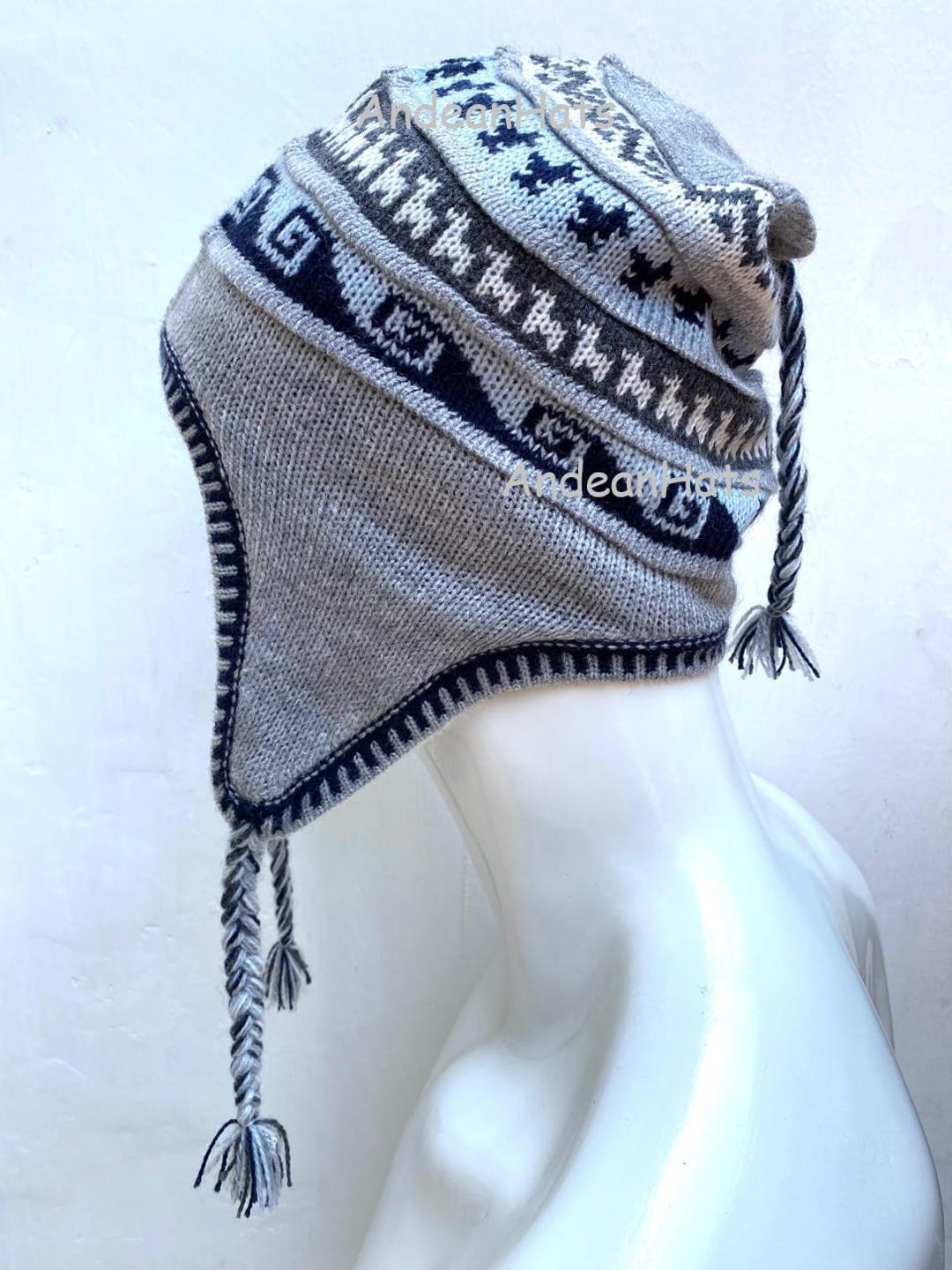 Light Gray Unisex Peruvian Alpaca Hat Chullo With Earflaps 100% Lining ...