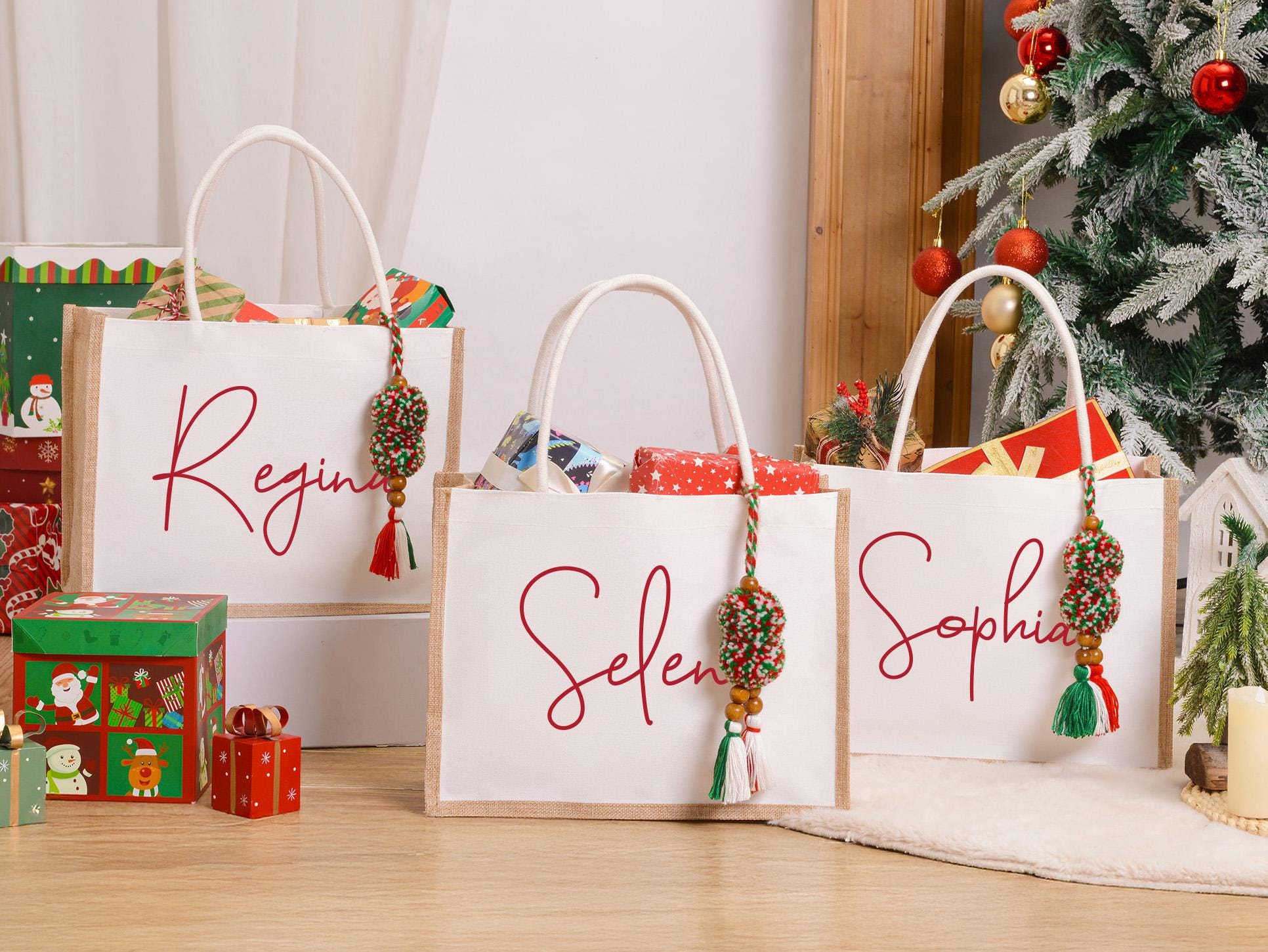 Personalized Christmas Gift Bag With Charm, Christmas Burlap Tote Bags ...