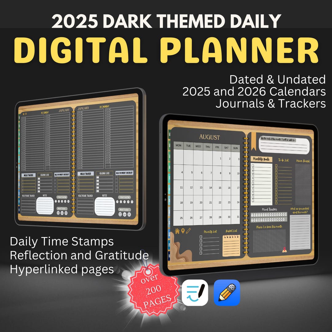 2025 Digital Planner Dark Themed | Dark Digital 2025 Downloadable ...