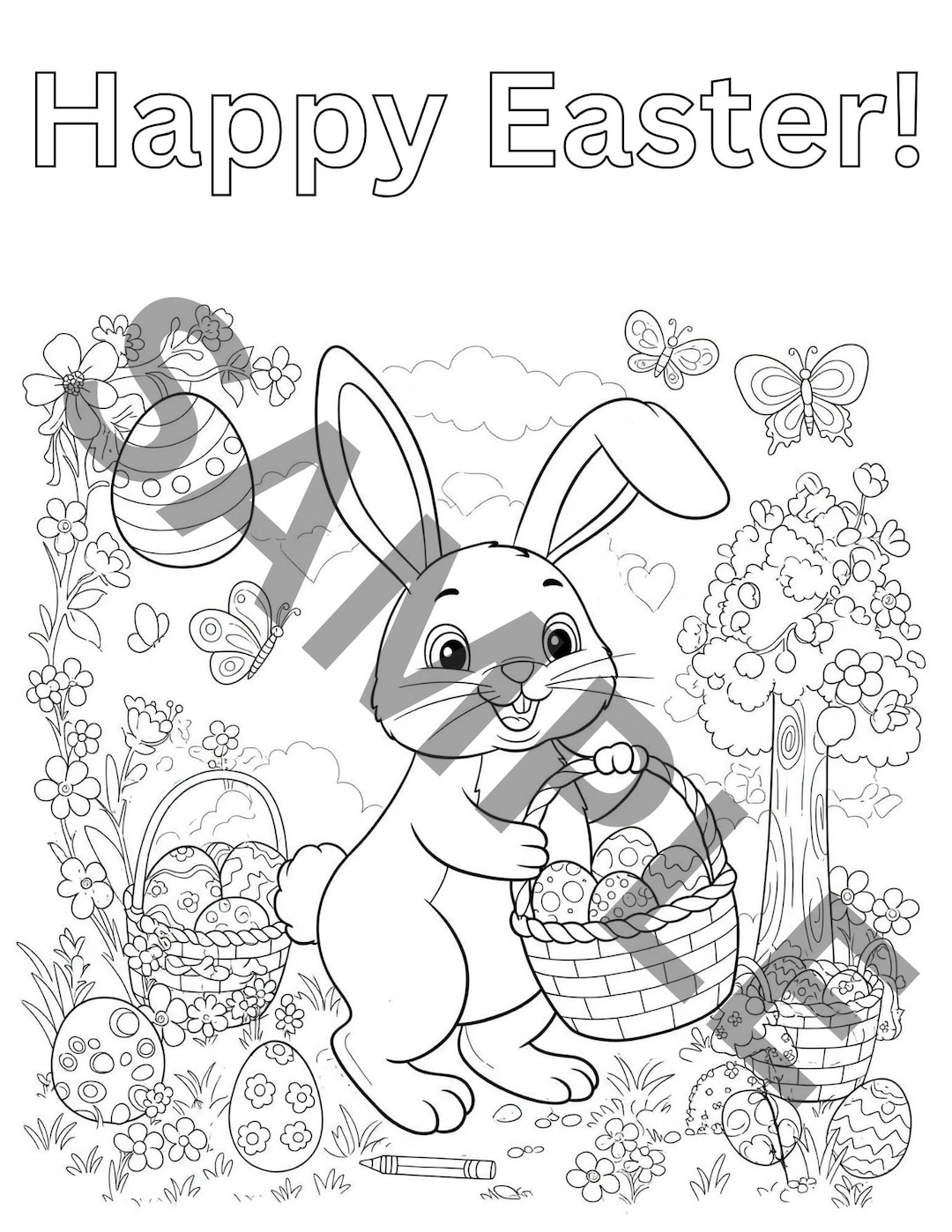 Fun Easter Coloring Page. Easter Bunny and Basket. Happy Easter ...