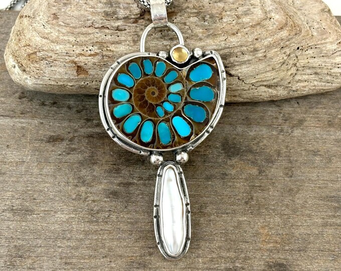 Ammonite Fossil With Turquoise Inlay Citrine Stick Pearl Sterling ...
