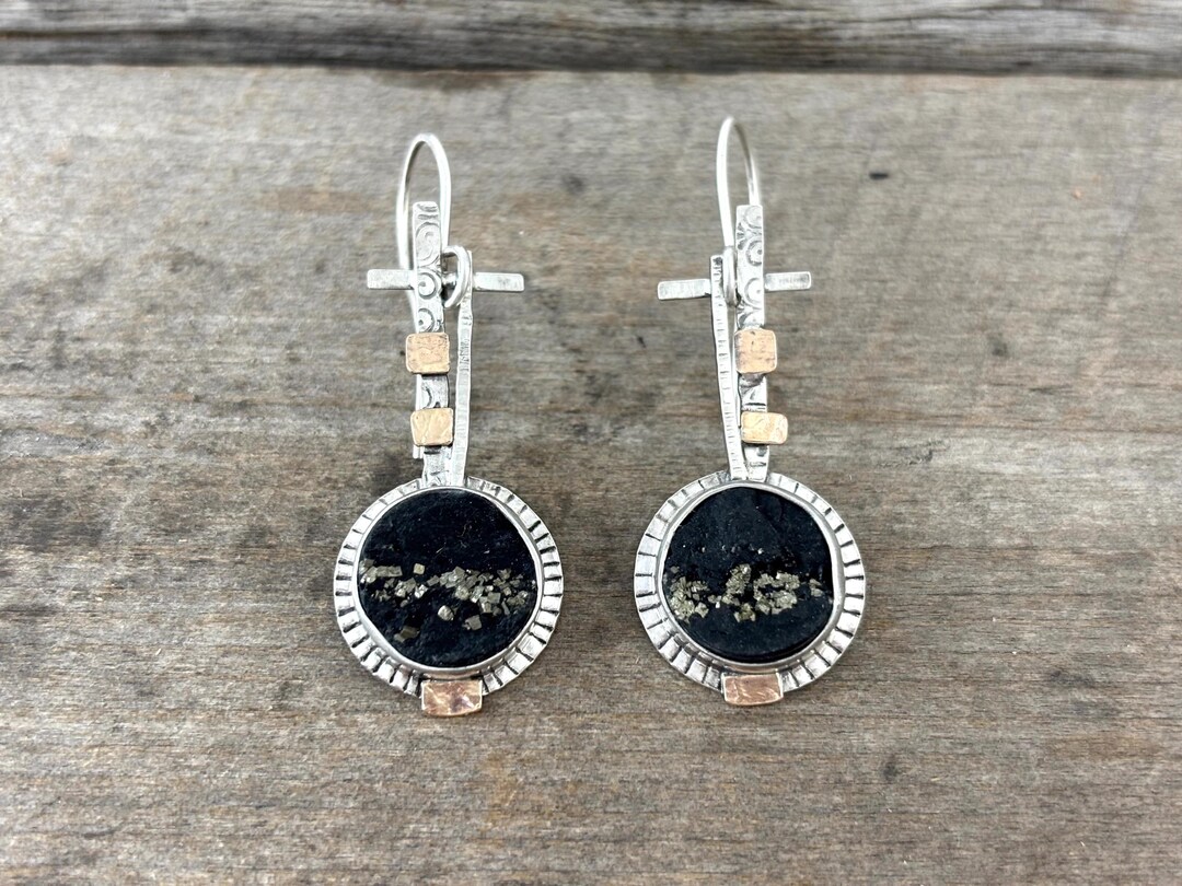 Golden Pyrite in Slate 14K GF Sterling Silver Earrings Round Shape - Etsy