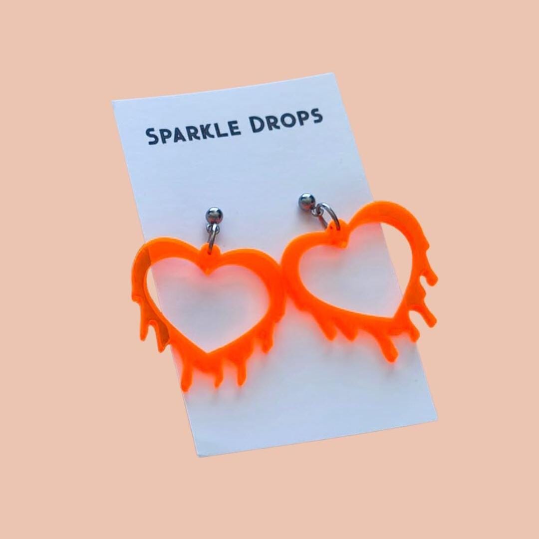 Neon Orange Drippy Heart Bleeding Heart Dangle Earrings Bold and Quirky ...