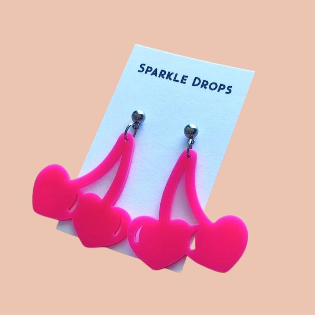 Hot Pink Cherry Dangle Earrings – Y2K, Kawaii Earrings, Neon Acrylic ...