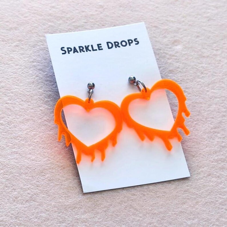 Neon Orange Drippy Heart Bleeding Heart Dangle Earrings Bold and Quirky ...