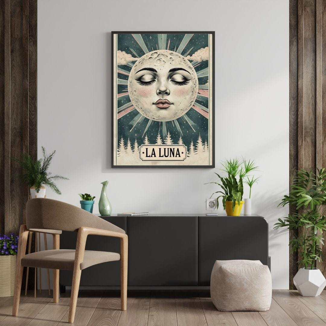 La Luna Wall Art – Surreal Moon Face Print With Starburst Rays ...