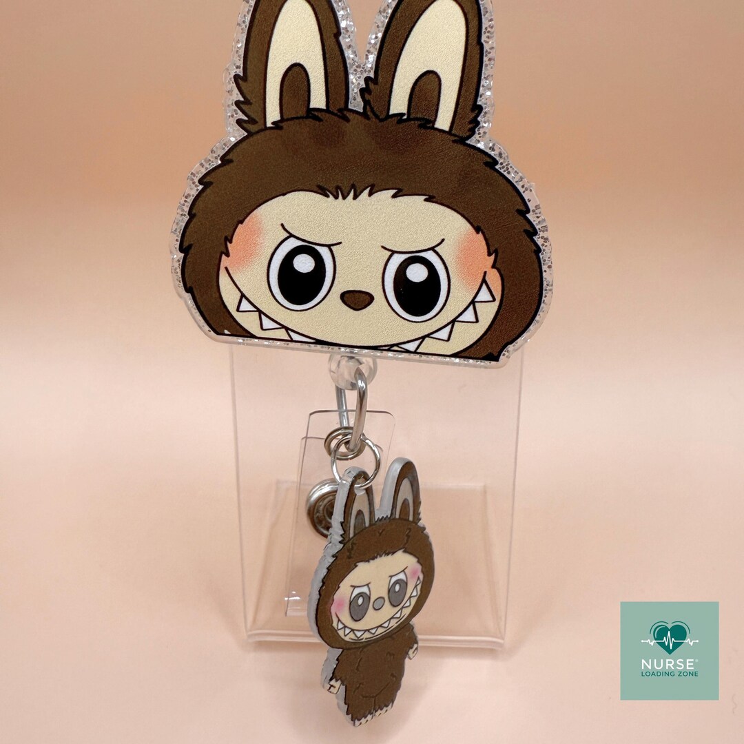 Brown Labubu Face Inspired Badge Reel With Matching Full Body Charm ...