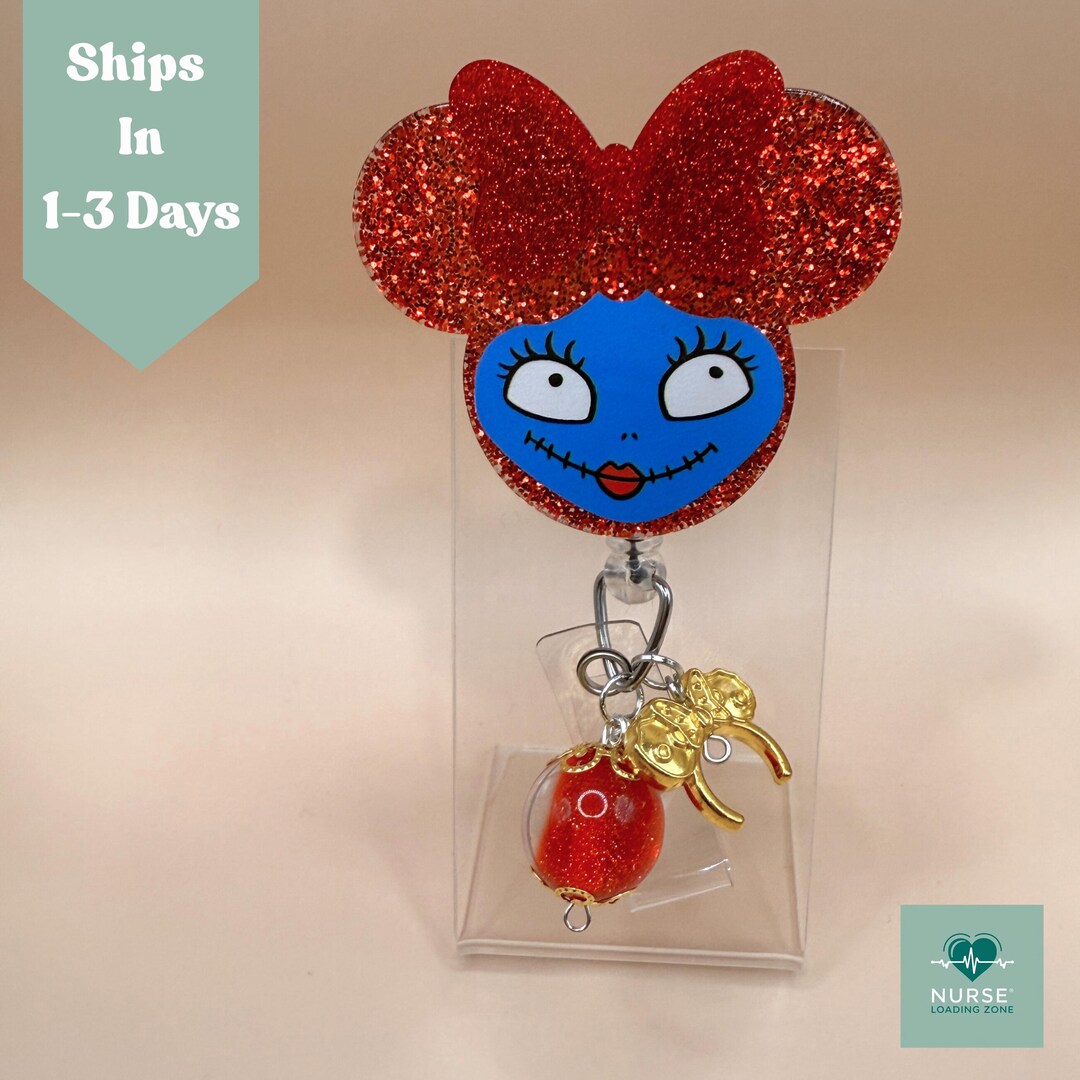 Nightmare Before Christmas Sally Badge Reel Red Bow Mouse Inspired ID ...