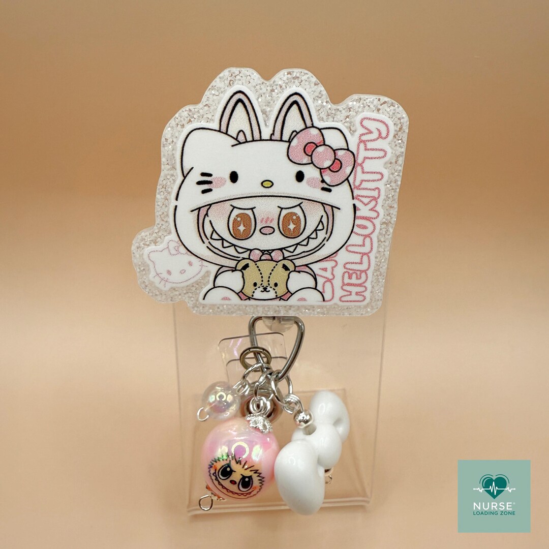 Hello Kitty Labubu Badge Reel Cute Pink ID Holder With Bow and Beaded ...