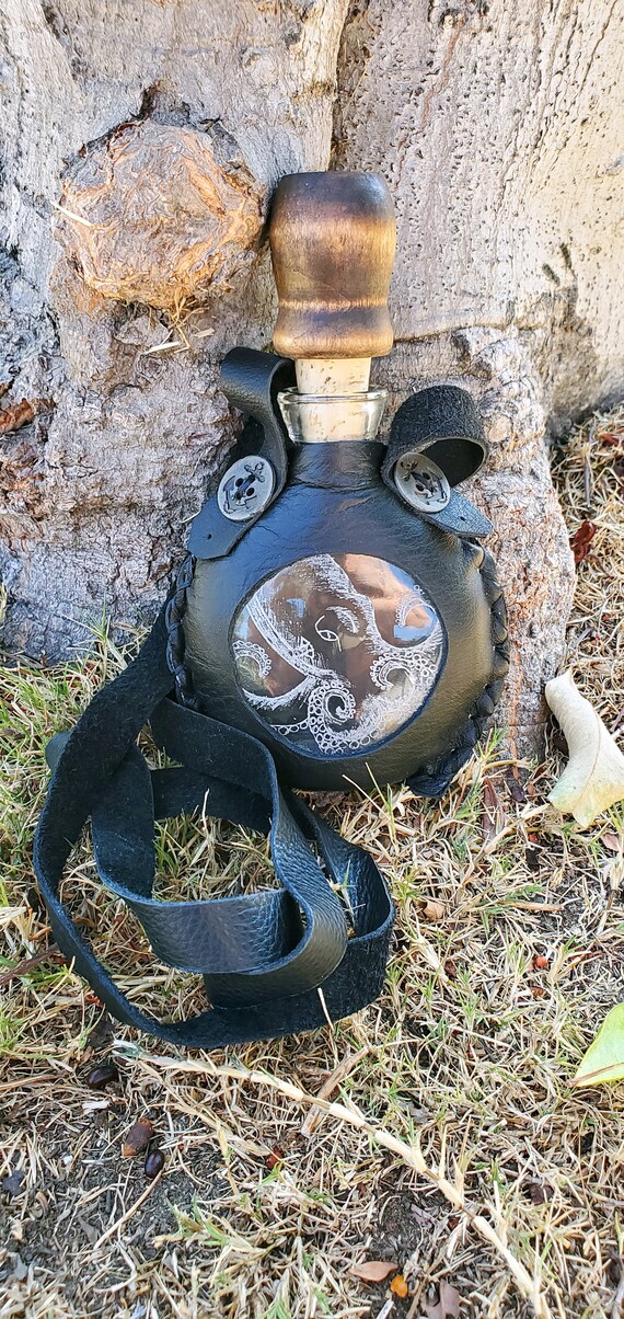 Leather Wrapped Etched Glass Flask With - Etsy