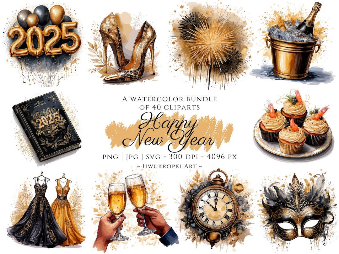 Happy New Year Watercolor Bundle of 40 Cliparts | High Quality ...