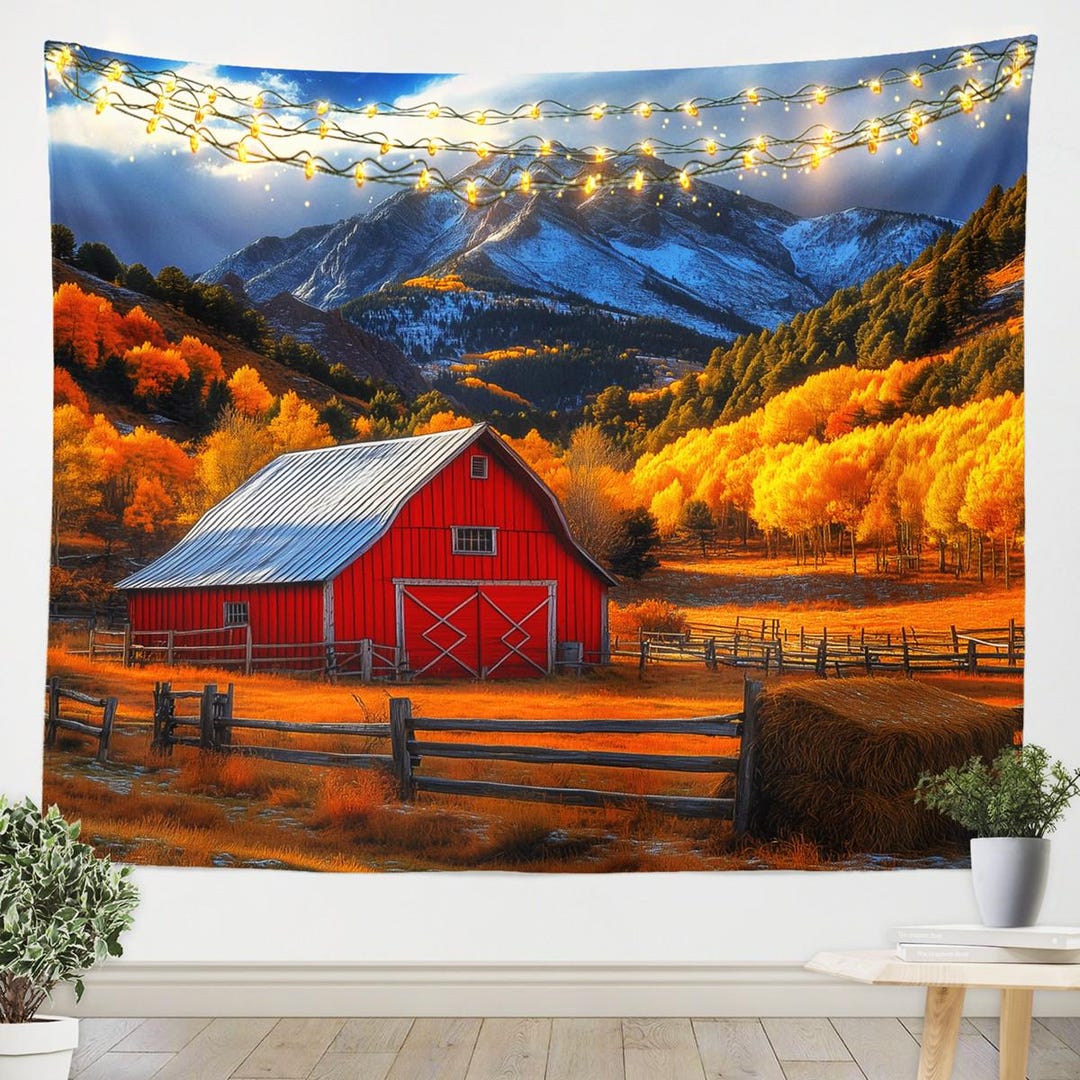 Red Barn Tapestry, Rustic Farmhouse Cabin Fence Wall Blanket, Autumn ...