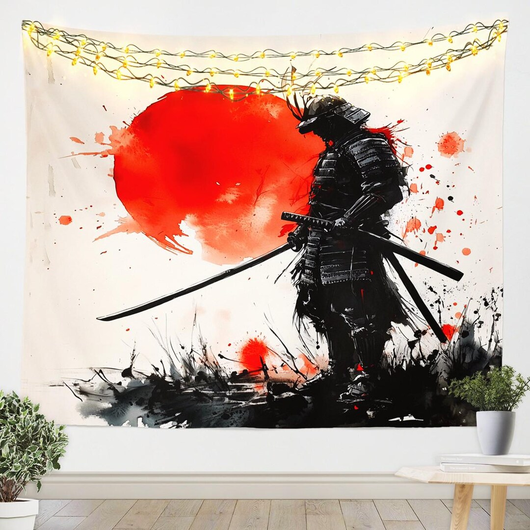 Japanese Samurai Wall Blankets Tapestries, Watercolor Red Sun Artwork ...