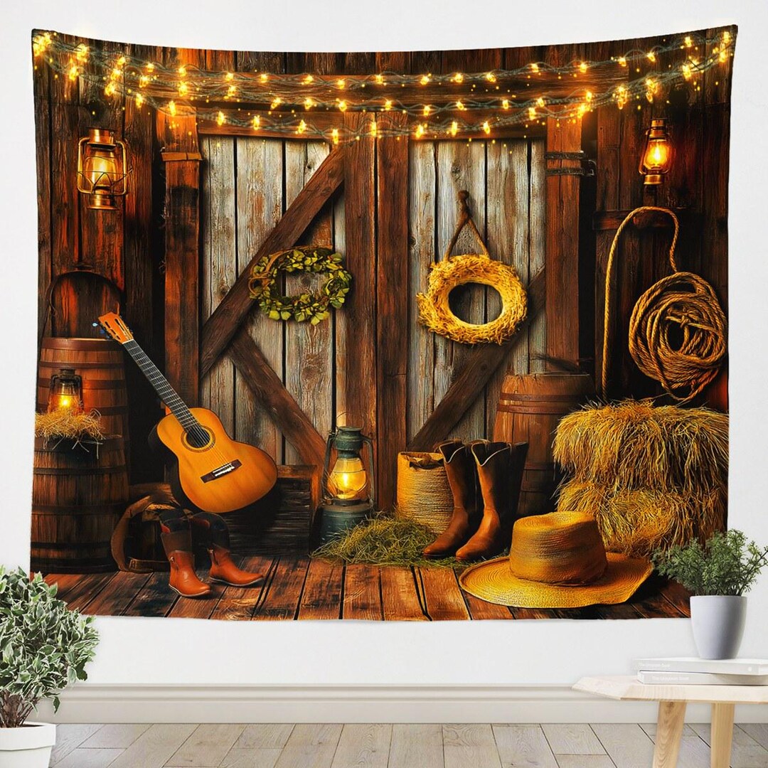 Western Cabin Tapestries, Rustic Cabin Brown Wooden Board Tapestry Wall ...