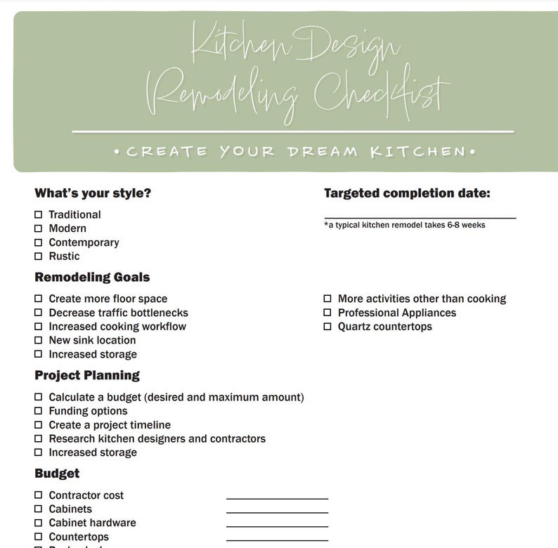 Kitchen Remodel Checklist Create Your Dream Kitchen - Etsy