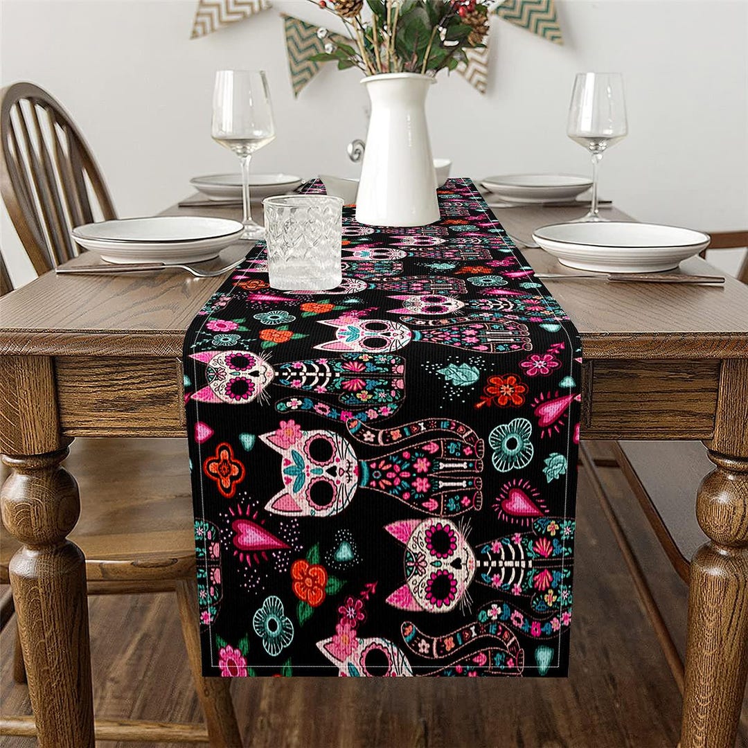 Exotic Cat Table Runner for Dining Table, Sugar Skull Bohemian Tribal ...