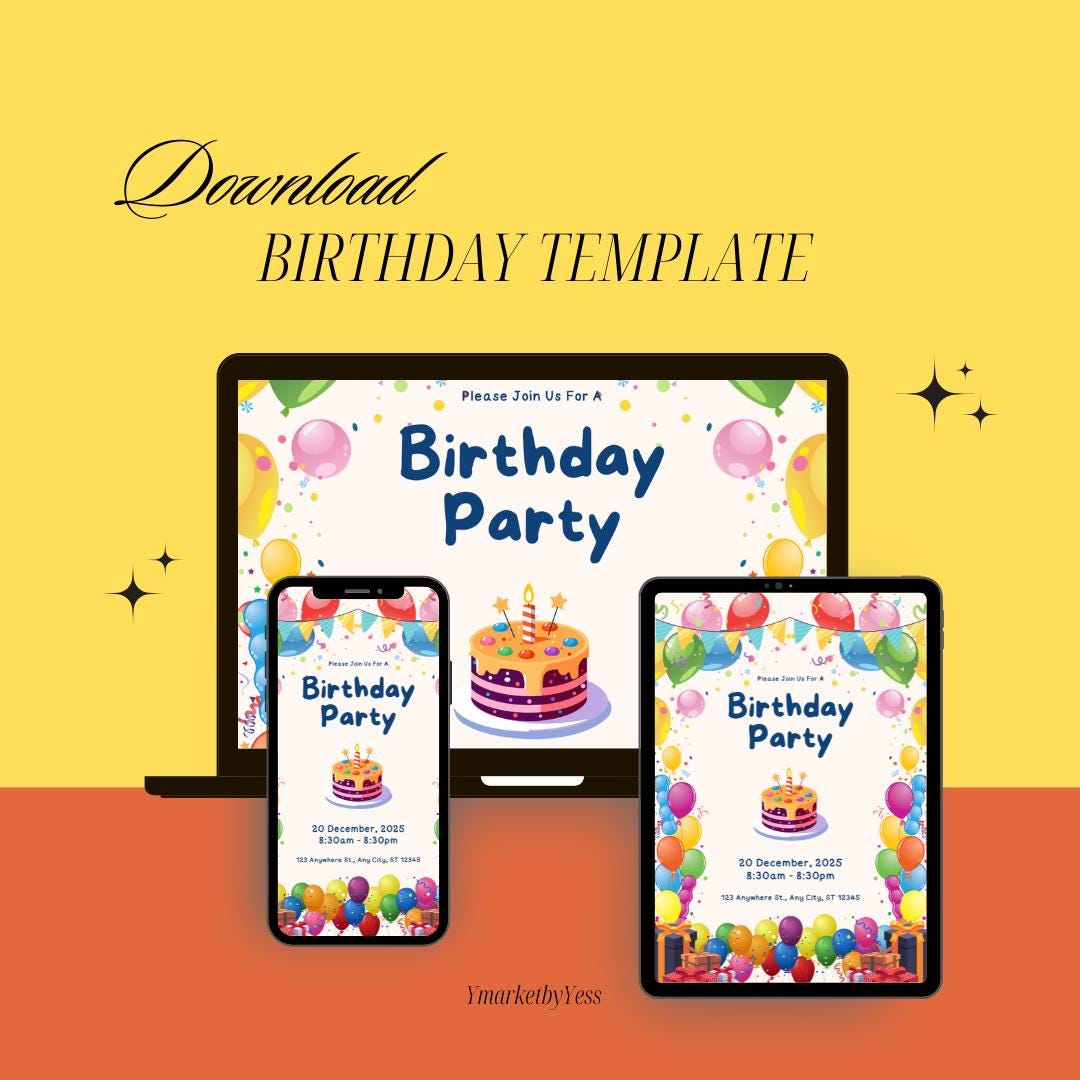 Editable Birthday Party Invitation Template - Balloons & Cake Theme ...