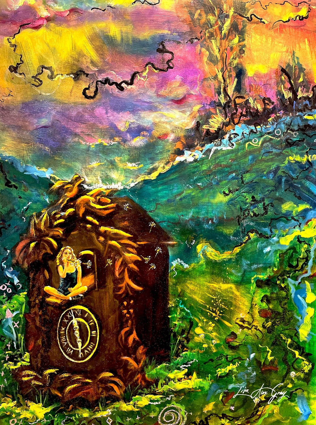 Whimsical Woman on Cuckoo Clock Art Print: Dandelion Wishes - Etsy