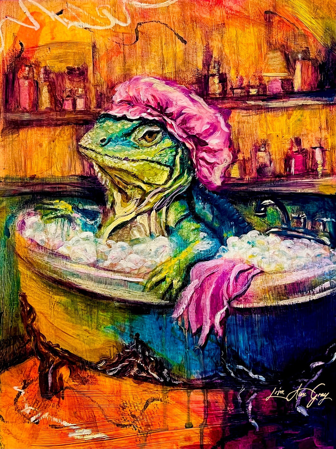 Iguana Bubble Bath Art Print: Whimsical Reptile Oil Painting - Etsy