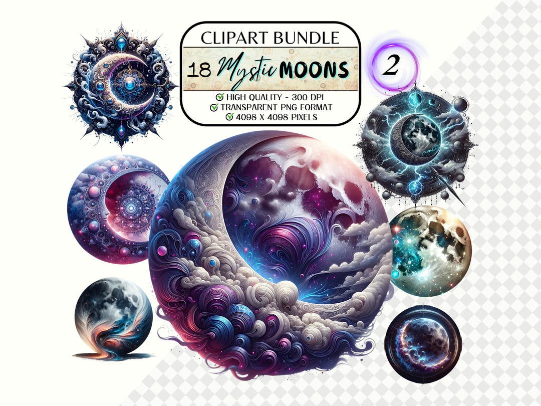 18 Mystical Moons Clipart enchanting Moon Png Bundle, Instant Digital ...