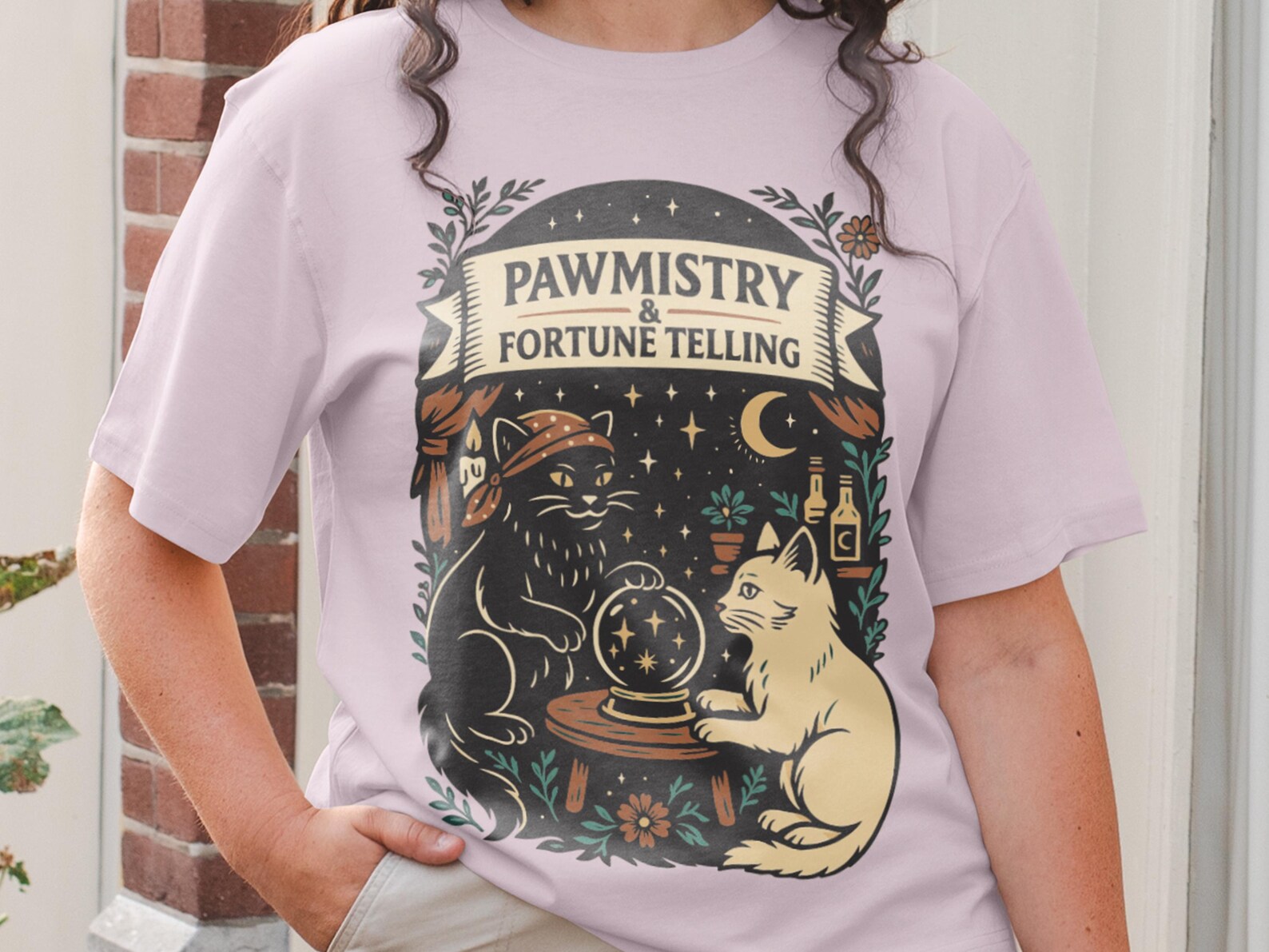 Pawmistry Fortune Telling Cat T-shirt With Mystical Cats, Witchy ...