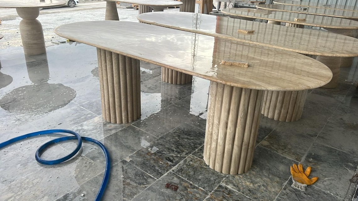 Oval Travertine Dining Table, Beige Marble Stone, Custom Kitchen Table ...