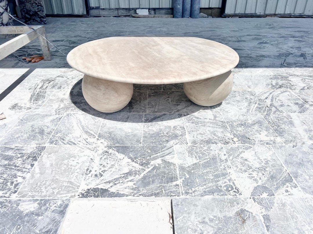 Beige Travertine Round Coffee Table – Natural Stone Living Room Decor ...