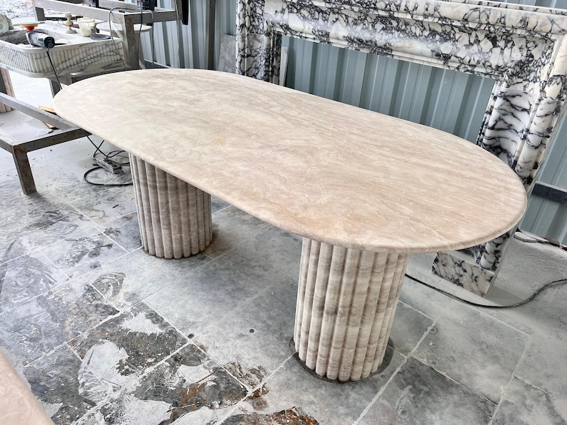 Oval Travertine Dining Table, Beige Marble Stone, Custom Kitchen Table ...