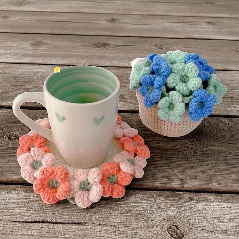 Crochet Coaster, Crochet Flower Coaster, Handmade Round Flower Cup ...