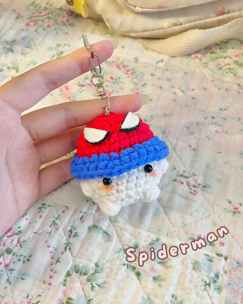 Crochet Cute Mushroom Keychain, Mushroom Wear Hat Keychain, Spider ...