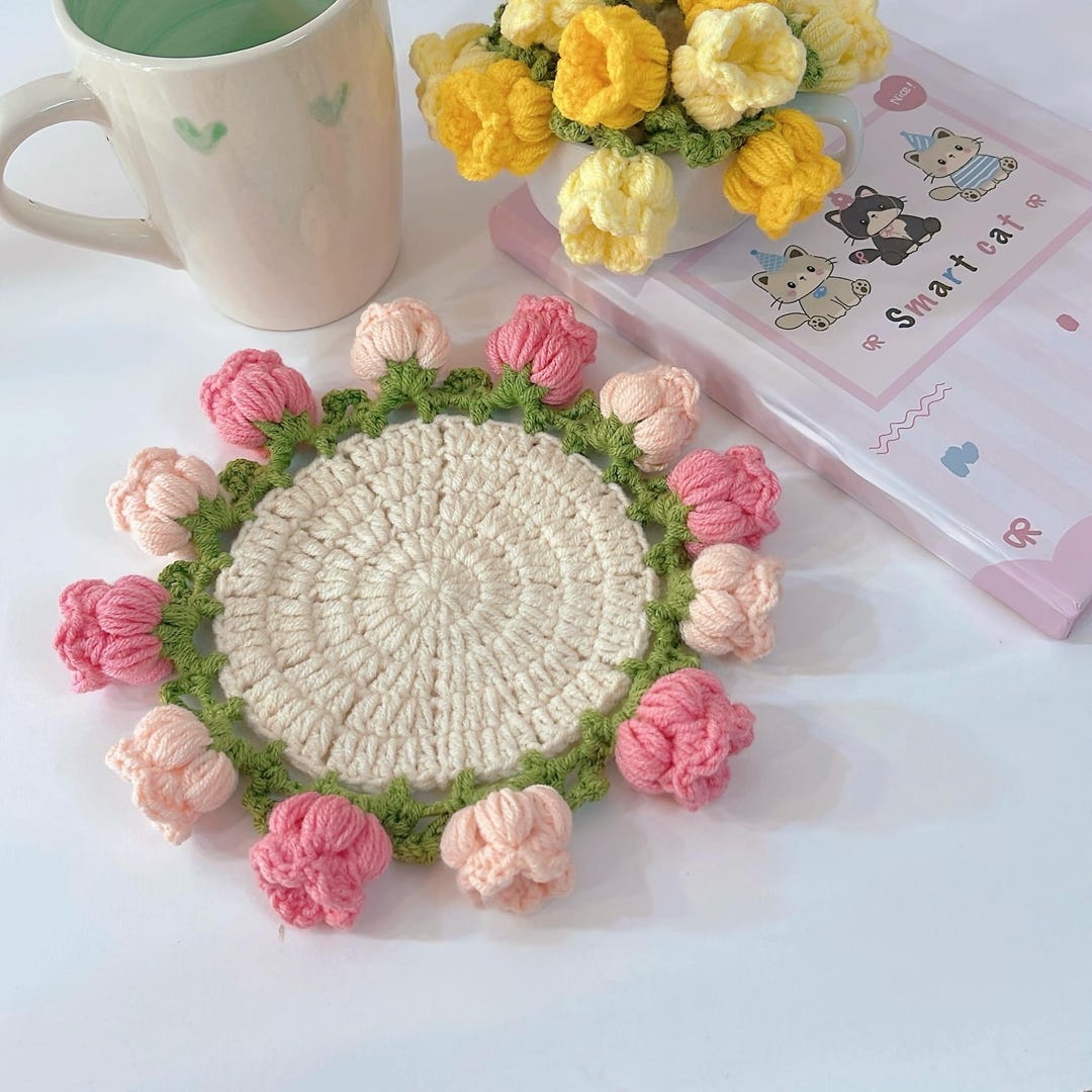 Handmade Crochet Flower Coaster, Crochet Flower Bouquet Blanket ...